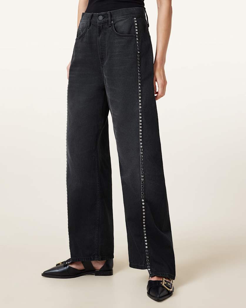 Frankie Studded Wide Leg Jeans Washed Black | ALLSAINTS